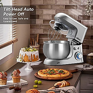 Loniko Multifunctional Electric Stand Mixer, 6.5 Quarts, 6 Speeds Household Stand Food Mixers with Dough Hook, Whisk & Flat Beater Attachments, and Splash Guard(Silver)
