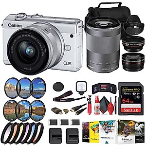 Canon EOS M200 Mirrorless Camera with 15-45mm and 55-200mm Lenses (White) (3700C009) + Filter Kit + 2 x 64GB Card + Charger + 2 x LPE12 Battery + Card Reader + More (Renewed)