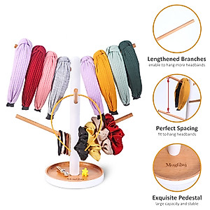 MUGFILWJ Headband Holder Organizer with 6 Branches Wooden Scrunchie Display Hanger with Bottom Bracket for Hair Hoop Hairband Gifts for Girls and Women (white with non-slip silicone strip)