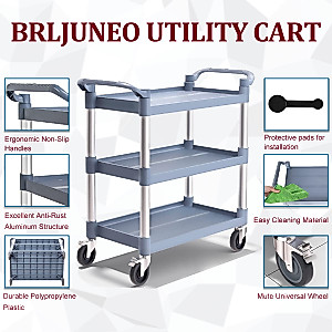 BRLJUNEO Plastic Utility Carts with Wheels, 3-Tier Medium Size Restaurant Food Cart, Heavy Duty 510lbs Capacity Rolling Service Cart w/Hammer for Commercial, Kitchen, Office (Lockable Wheels, M-Grey)