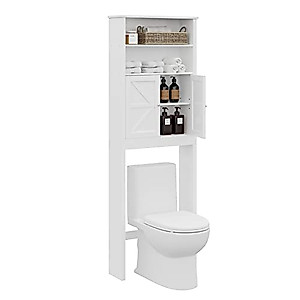Reettic Tall Over The Toilet Storage with Two Doors, Free Standing Bathroom Space Saver with Inner Adjustable Shelf, Wooden Bathroom Cabinet Organizer Over Toilet, White BMGZ151W
