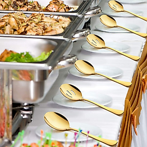 LIANYU 8 Pack Gold Serving Spoons, Gold Slotted Serving Spoons, 8 3/4 Inch Stainless Steel Serving Utensils Spoon Set for Banquet Catering Buffet Dinner Restaurant Party