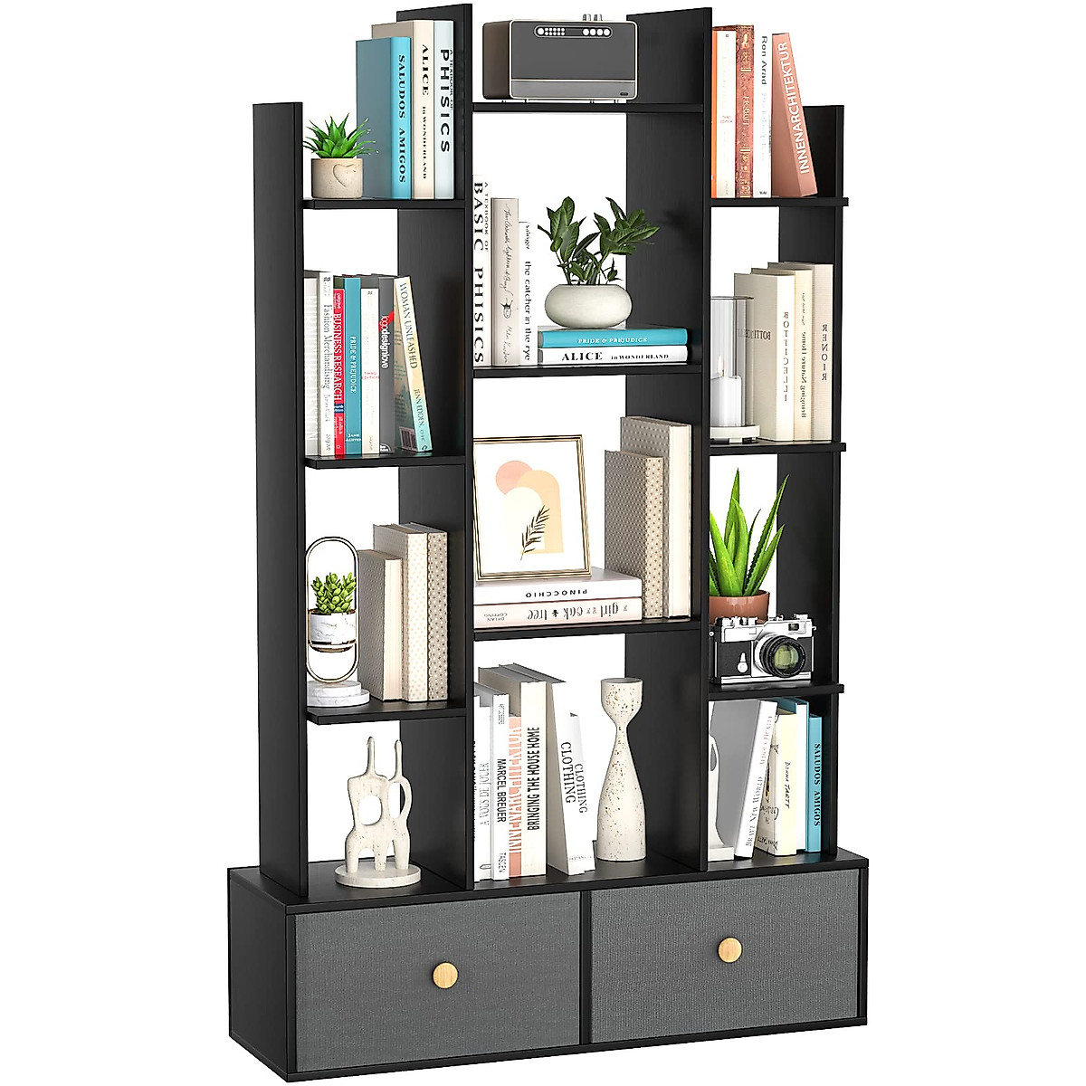 Unikito Book Shelf with 2 Drawers Free Standing Bookcase, Office Storage Shelf Organizer with 12 Open Bookshelf, Industrial Wood Book Case Display Rack for Bedroom, Living Room Home Office, Black