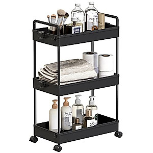 SOLEJAZZ Rolling Storage Cart, 3 Tier Utility Cart Mobile Slide Out Organizer, Bathroom Standing Rack Shelving Unit Organizer for Kitchen, Bathroom, Laundry Room, Black