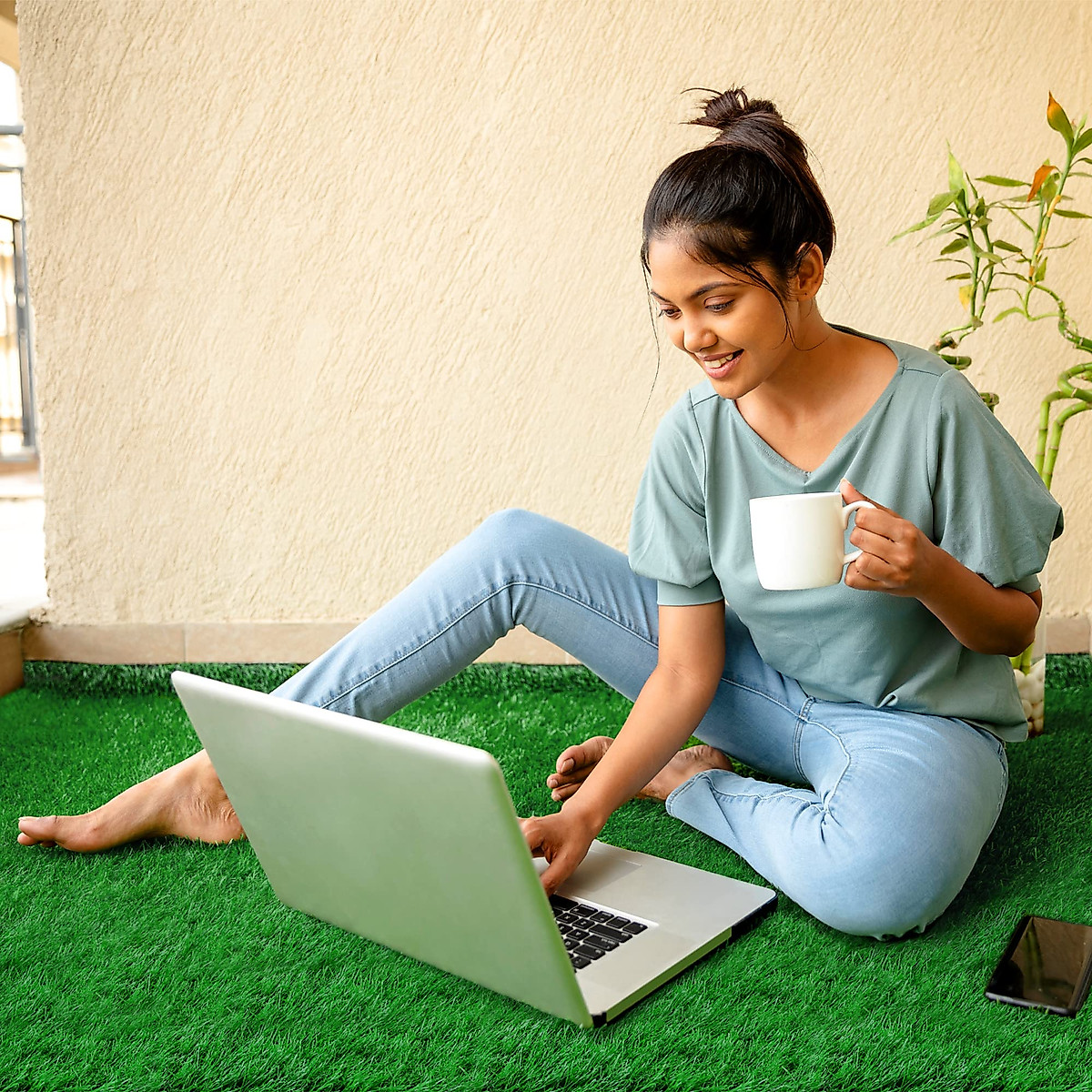 TURSTIN 8 Pieces Artificial Grass Mat 12 x 12 Inch Synthetic Grass Square Mats Fake Turf Patch Tiles Realistic Grass Rug for DIY Crafts Miniature Garden Indoor Outdoor Patio Flooring, Dark Green