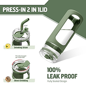 kytffu Glass Cups With Lids and Straws, 24oz Glass Tumbler, Iced Coffee Cup, Leak-proof Lid and Straw, Smoothie Cup with Bamboo Lid and On the Go Lid, Drinking Glass Cup for Home, Outdoor (Olive)