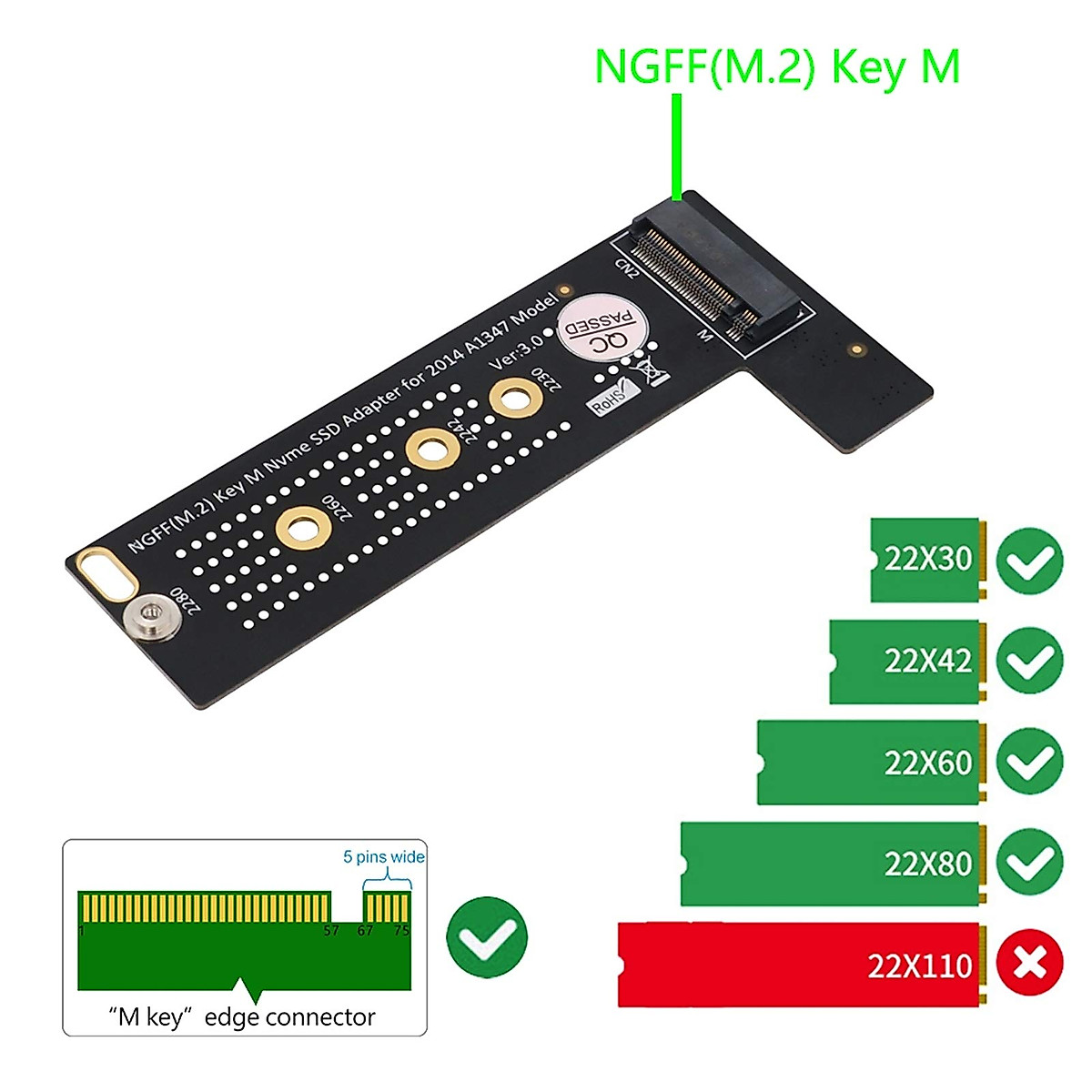 M.2 NGFF MKey NVME SSD Converter Card Adapter Module for OS Mini A1347 Model 2014, M.2 NGFF MKey NVME SSD Adapter Support Easy Installation