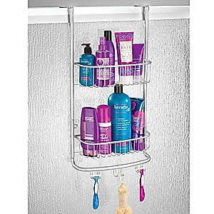 mDesign Over Door Shower Caddy – Practical Metal Shower Shelves with no Drilling Required – Hanging Shower Storage Baskets for All Shower Accessories on 2 Tiers – Chrome
