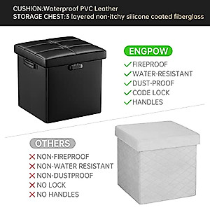 ENGPOW Storage Ottoman,Fireproof ＆ Waterproof Folding Ottoman Cube Storage Stool with Lock,Leather Square Ottoman Storage Chest Safe for Living Room, Bedroom, Home Office,Dorm,15"x15"x15",Black