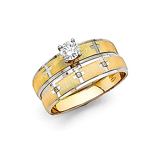Jewels By Lux 14K White and Yellow Gold Two Tone Ladies Cubic Zirconia CZ Wedding Band and Engagement Bridal Ring Two Piece Set Size 8