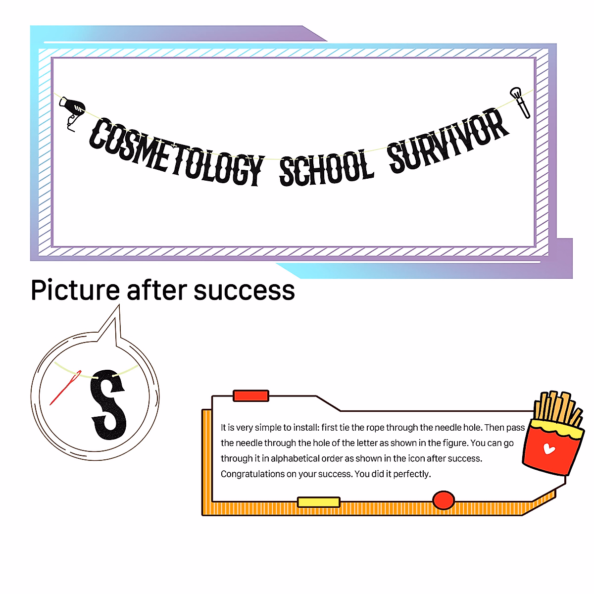 Glitter Black Cosmetology School Survivor Banner, Class Of 2024 Grad Cap Cake Supplies,Congratulations Finally Done 2024 Graduate Party Decoration