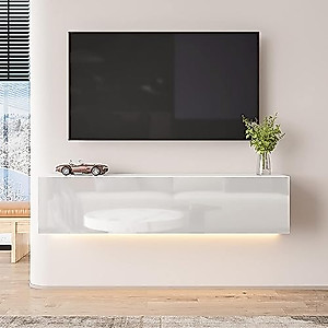 HOMMPA Floating TV Stand with Led Light for 63 Inch TVs Wall Mounted Led Entertainment Center with High Gloss Storage Modern Floor White Mounted Media Console for Living Room
