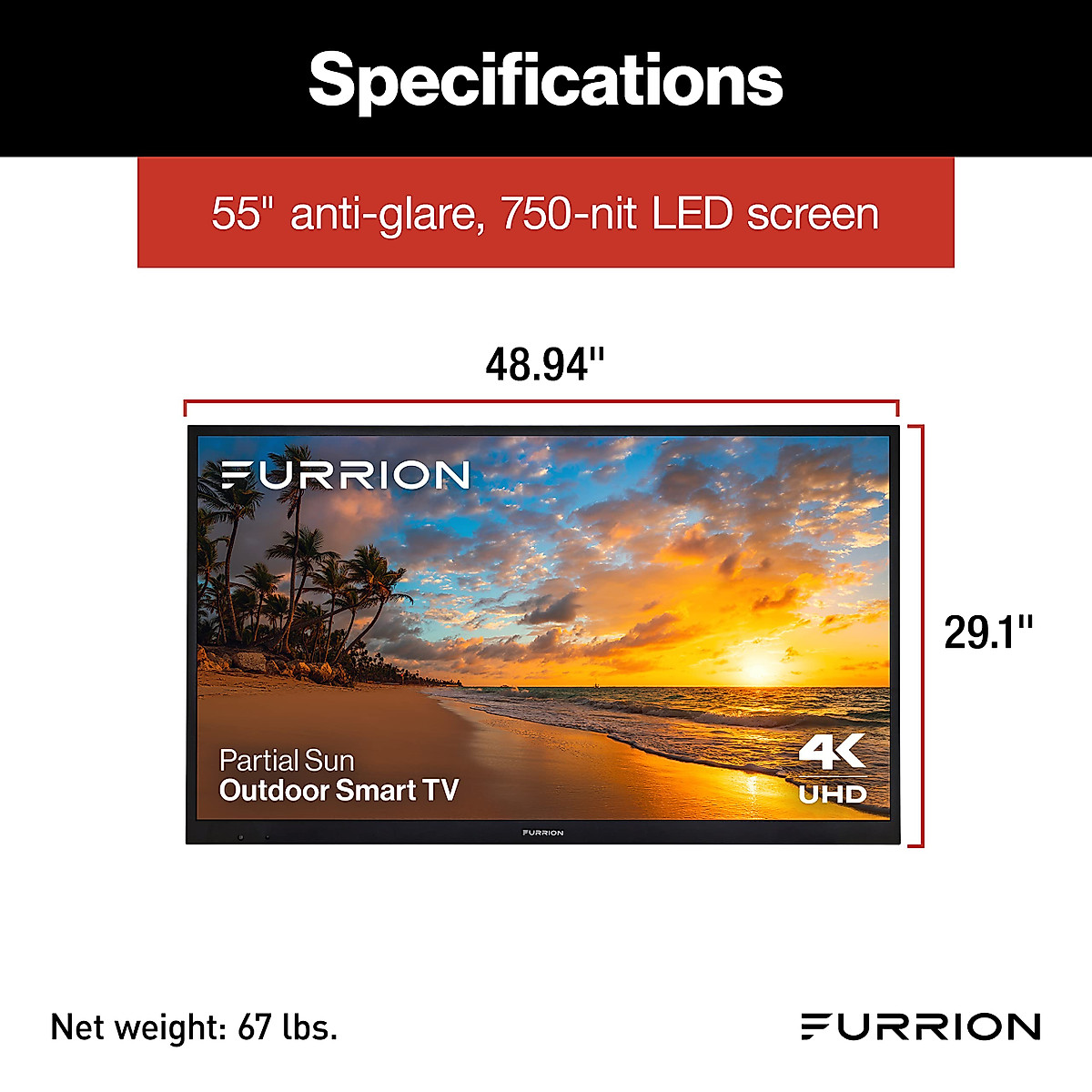 Furrion Aurora 55-Inch Partial-Sun 4K Outdoor Smart TV - Weatherproof Television w/ HDR10, Anti-Glare, 750-Nit LED Screen, Impact-Resistant Screen, External Antenna for Partially Sunny Outdoor Areas