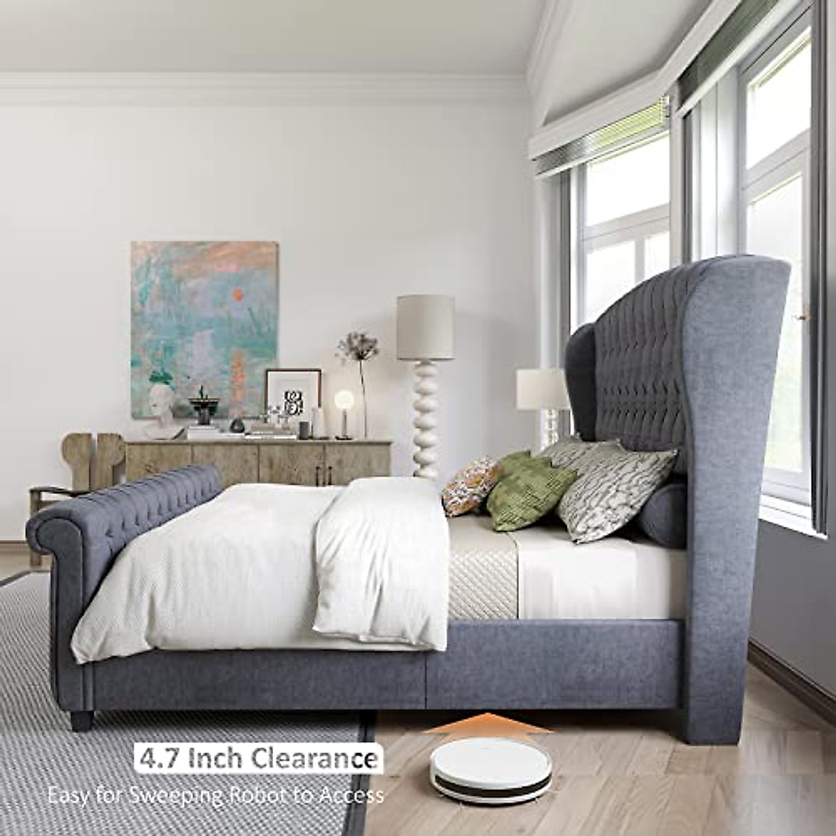 AMERLIFE Queen Size Platform Bed Frame, Velvet Upholstered Sleigh Bed with Scroll Wingback Headboard & Footboard/Button Tufted/No Box Spring Required/Grey