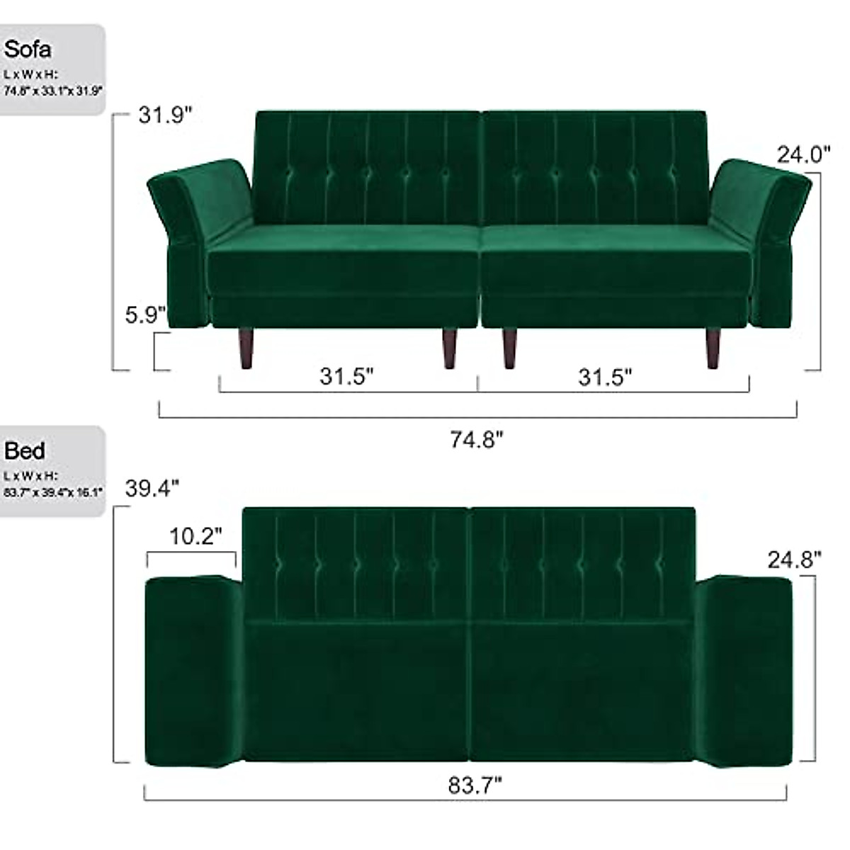 Belffin Velvet Convertible Futon Sofa Bed Memory Foam Futon Couch Sleeper Sofa Green