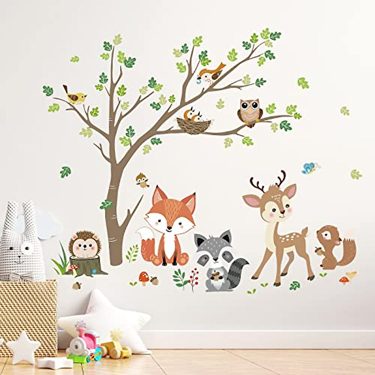 decalmile Woodland Animals Tree Wall Stickers Fox Deer Owl Wall Decals Baby Nursery Kids Bedroom Living Room Wall Decor