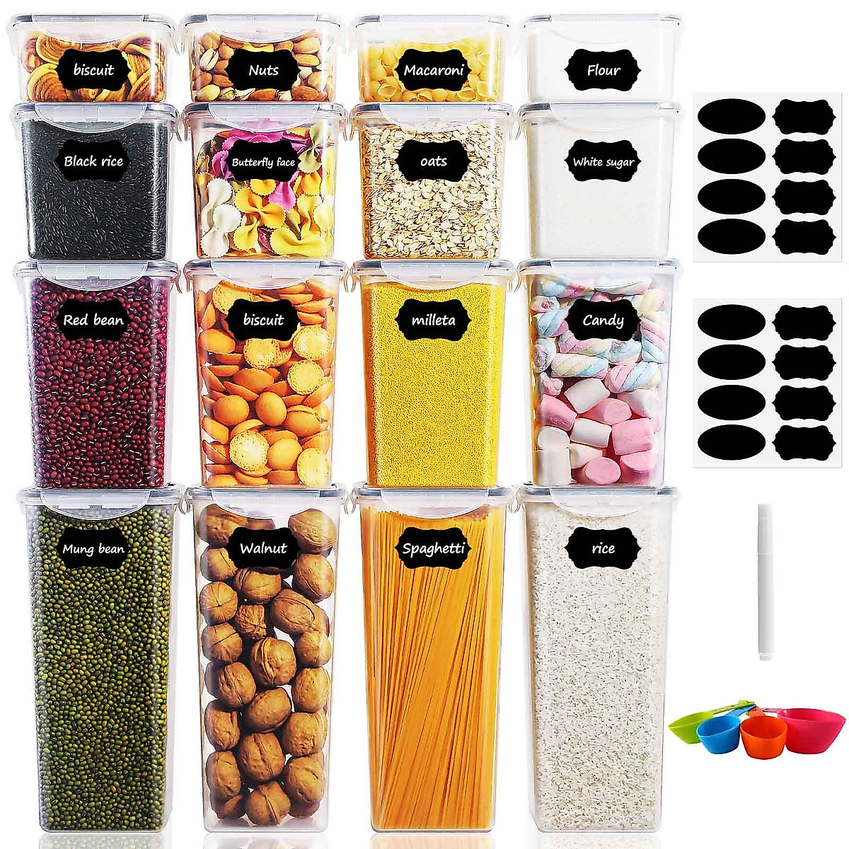 Airtight Food Storage Containers Set-Kitchen and Pantry Organization 16 Pack, BPA-Free Plastic Containers with Lids for Dry Food, Cereal, Flour & Sugar, Include Labels, Marker & Spoon Set