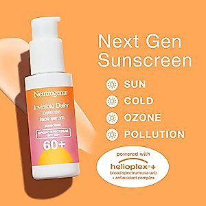 Neutrogena Invisible Daily Defense Face Sunscreen + Hydrating Serum with Broad Spectrum SPF 60+ & Antioxidants to Help Skin Glow, Oil-Free, Fragrance Free, 1.7 fl. oz