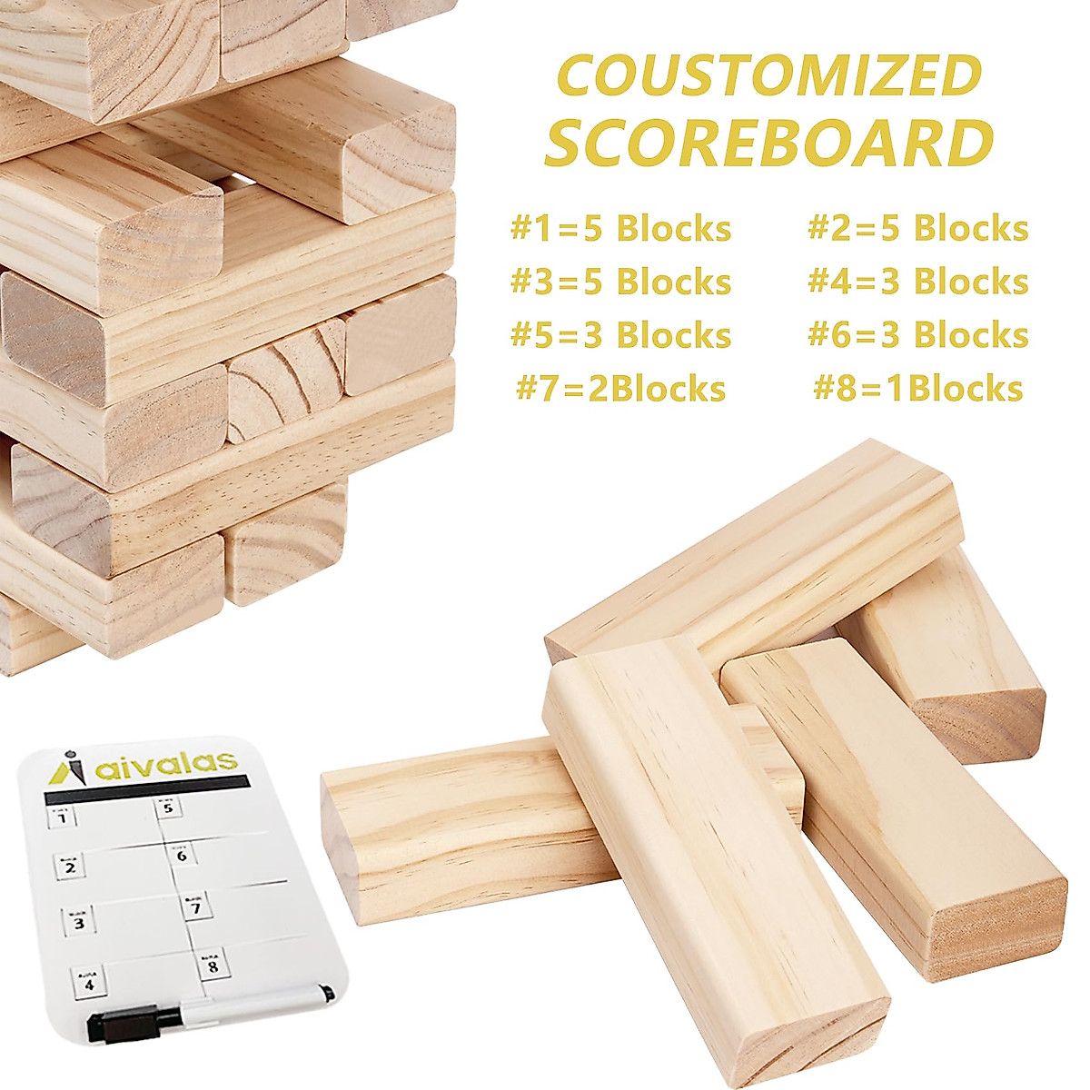 Aivalas Giant Timber Blocks Games, 56 Blocks Large Tower Outdoor/Indoor Games - Includes Carry Bag and Scoreboard, Wood Stacking Yard Games Grows from 2FT to Over 4.2FT for Kids Adults Family