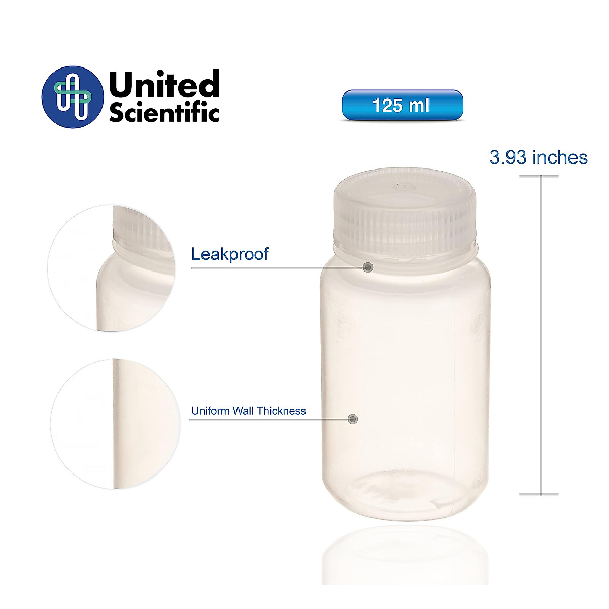 United Scientific® Unistore™ 33307 | Laboratory Grade Polypropylene Wide Mouth Reagent Bottle | Designed for Laboratories, Classrooms, or Storage at Home | 125mL (4oz) Capacity | Pack of 12, Clear