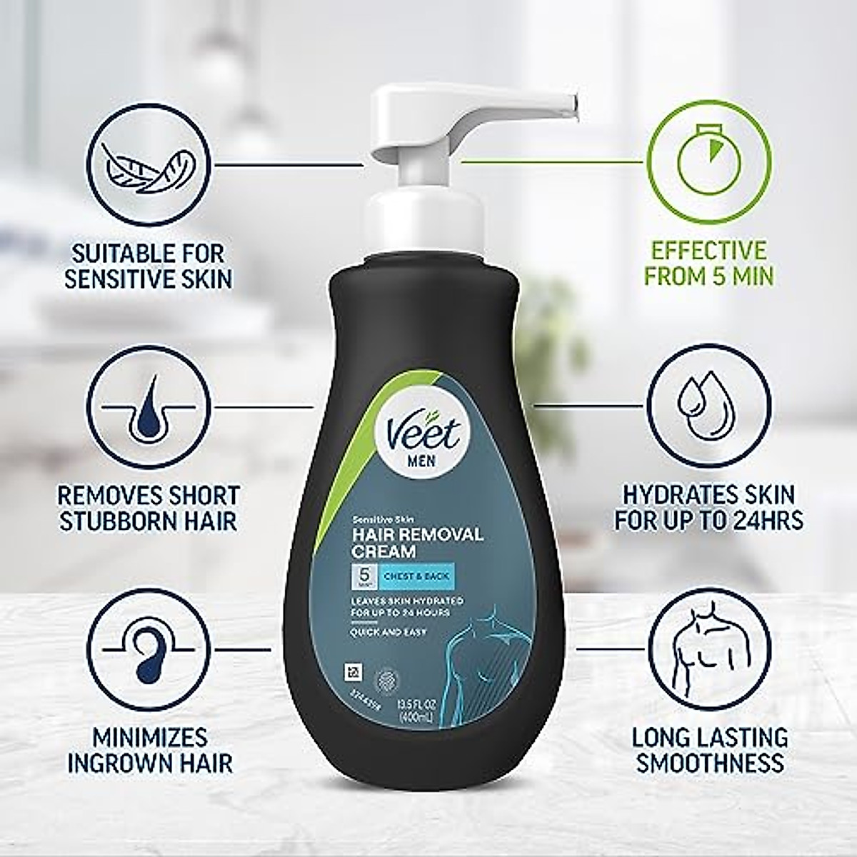 VEET 5 Min Sensitive Skin Hair Removal Cream For Men, Forget Shaving Cream & Painlessly Manscape, Body Cream & Hair Removal Gel For Chest & Back, Dermatologically Tested, 13.5 FL OZ w/ Spatula
