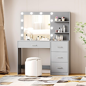 Rovaurx Makeup Vanity Table with Lighted Mirror, Makeup Vanity Desk with Storage Shelf and 4 Drawers, Bedroom Dressing Table, 10 LED Lights, Gray