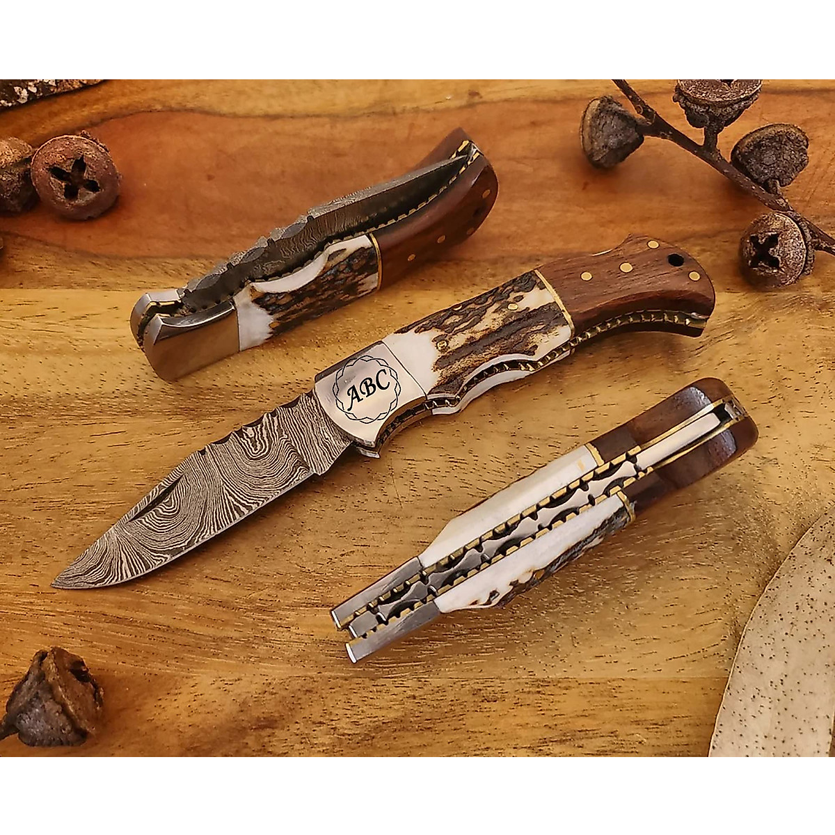 WINTERFELL Personalized Damascus Steel Pocket Folding Knife Stag Antler Handle 6.5", Customized Gift for Husband Dad, Custom Groomsmen Gifts, Best Man Gifts for Wedding