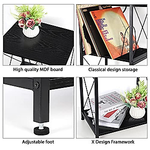 YBING Record Player Stand Record Player Table with Charging Station 3-Tier End Table with Storage Vinyl Record Storage Stand with Divider Nightstand for Living Room Bedroom Office, Black