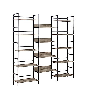 5-Shelf Wide Bookshelves, Industrial Retro Wooden Style Large Open Bookcases, 69.3''L x 11.8''W x 70.1''H, Grey