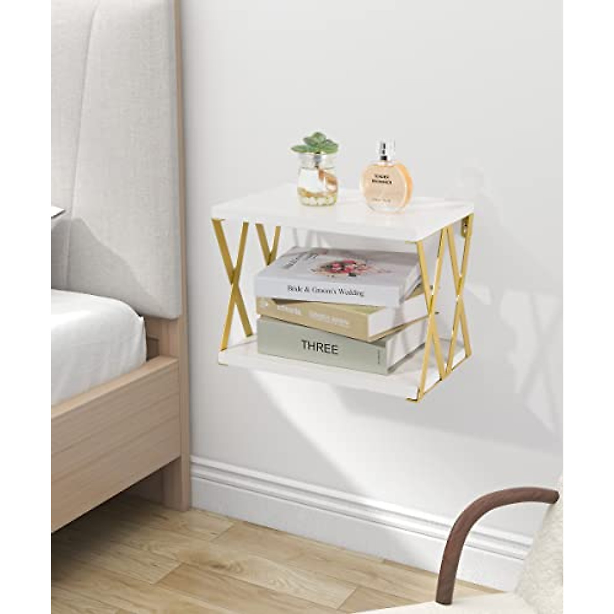 Afuly Floating Nightstand Wall Mounted, 12 Inch Bedside Table for Bedroom Storage Decor, Modern White Gold Wall Shelves for Home Livingroom Bathroom Kitchen Decor