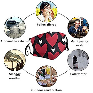 Valentines Cloth Face Mask With Filter Pocket Romantic Heart Shapes Doodle Love Theme Anniversary,Washable Face Bandanas Balaclava Dust-Proof Reusable Fabric Mask With 2 Pcs Filters,Ruby Black White