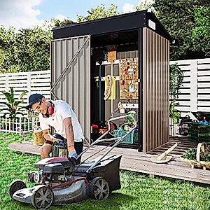 LAUSAINT HOME 5x3FT Outdoor Storage Shed, Small Waterproof Metal Storage Tool Bike Sheds with Lockable Door for Backyard, Garden, Patio and Lawn, Brown