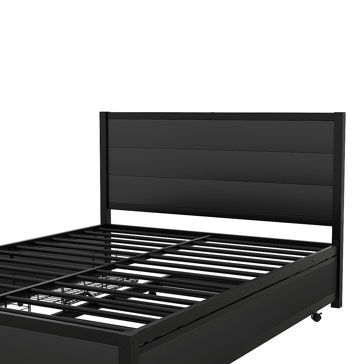 VilroCaz Queen Size Heavy Duty Metal Platform Bed with Twin Size Trundle and 2 Drawers, Mattress Foundation Platform Bed Frame with Headboard and Solid Slats Support for Bedroom Guest Rooms