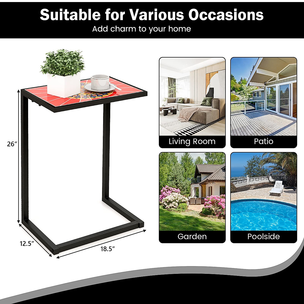 Tangkula C-Shaped Outdoor Side Table, Patio Snack Table w/Ceramic Top & Anti-Rust Metal Frame, Small End Table for Couch, Sofa & Bed, Outdoor & Indoor Accent Table for Living Room, Poolside, Balcony