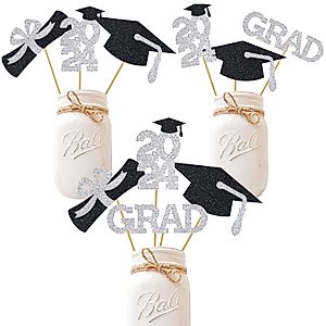Silver Grad Centerpiece Sticks Class of Party Decor Black Cap Toppers Graduation Arrangement Supplies 16 Pieces