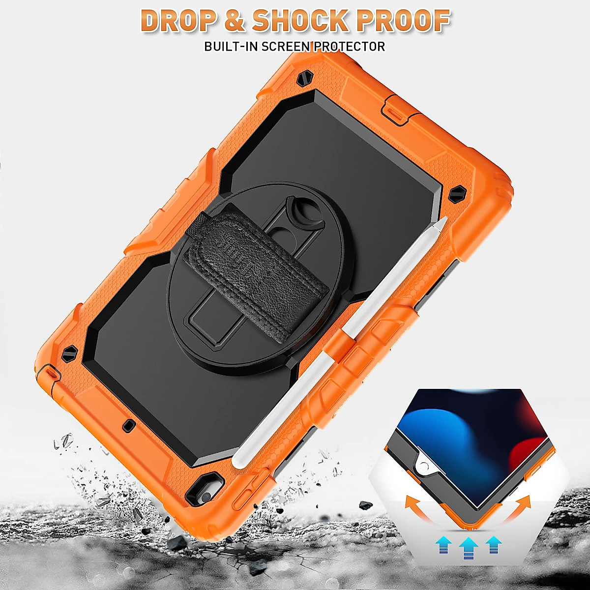 Timecity Case for iPad 9th/ 8th/ 7th Generation 10.2 inch - Heavy Duty Protective Cover with Screen Protector, Rotating Stand, Shoulder Strap & Pencil Holder | Kids-Friendly (Orange)