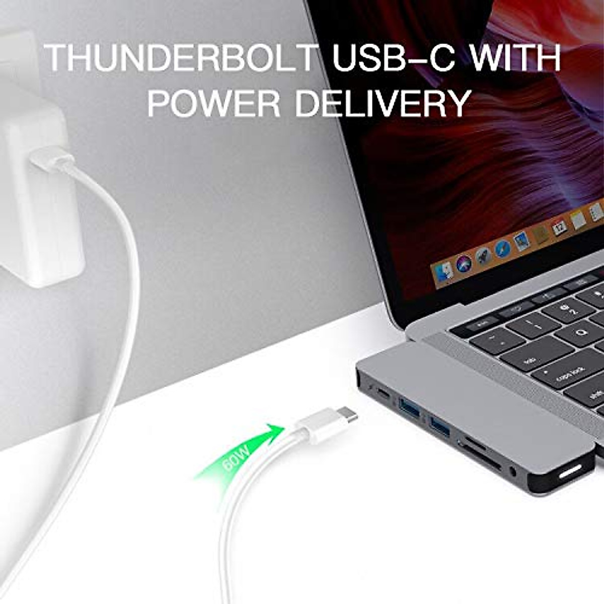 HyperDrive USB-C Hub Adapter, Sanho Solo 7-in-1 Type C Dongle for MacBook Pro, PC w USB-C Port: USBC 60W Power Delivery, USBC 5Gbps Data, 4K HDMI, microSD/SD Card Reader, 2xUSB 3.0, Audio Jack - Grey