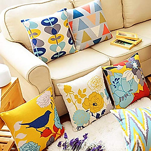 sykting Blue and Yellow Pillow Covers Farmhouse Cotton Linen Outdoor Throw Pillow Covers 18x18 inch Decorative for Couch Sofa Patio Porch Flowers Pattern Pack of 2
