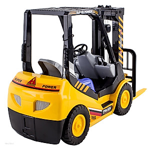 WolVolk 6-Channel Electric Remote Control Forklift - Functional RC Lighted Fork Lift Toy w/Pallet, Barrel, Rechargeable Batteries & Charger - Pretend Construction Playset for Kids