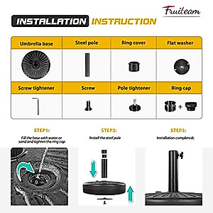 FRUITEAM 48lbs Outdoor Fillable Plastic Patio Umbrella Base, Heavy Duty Market Table Umbrella Base Weighted Stand, 1.49-inch Thickened Steel Pole Holder for 6-9Ft Straight-Pole Garden Umbrellas