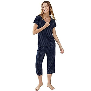 Joyaria Ladies Bamboo Pajamas Summer Cooling Ultra Soft Short Sleeve Capri PJs Set Sleepwear Petite (Navy Polka Dot, Small)