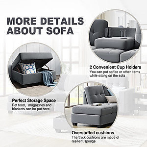 Merax L Shaped Sectional Sofas 3-Seat Sofa Sets Sectional Sofa Couches with Reversible Chaise Lounge, Cup Holders and Storage Ottoman for Living Room Furniture (Grey)
