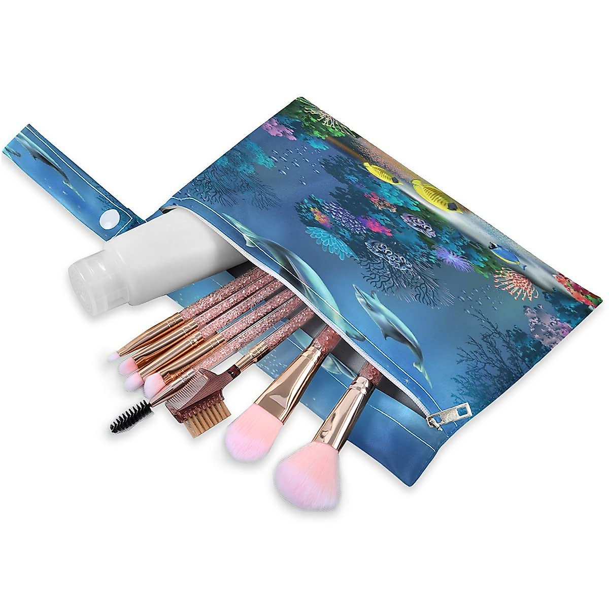 2pcs Underwater Dolphins Cloth Diaper Wet Dry Bag Waterproof Reusable Wet Dry Organizer,Sea Fishes Coral Washable Wet Bag with Two Zippered Pockets for Travel Beach Gym Swimsuits Toiletries