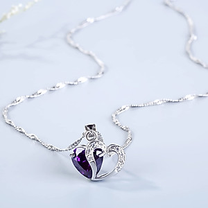 Jeulia 925 Silver Double Heart Pendant Necklace Amethyst Diamond Pendant with CZ Stone Romantic Jewelry Gifts for Her Mother’s day Aniversary Promise Gift (Silver) (Purple)