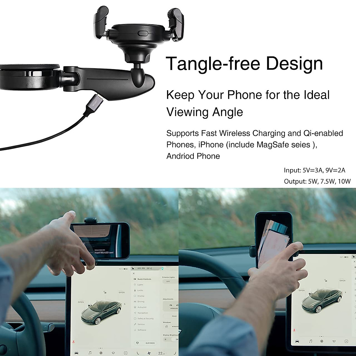 JOWUA 480° Rotation Car Mount with Wireless Charging 10w for Tesla Model 3 & Model Y, Compatible with Phone 13 Pro Max, iPhone 13 Pro and Other 4.7-6.5'' Smartphones