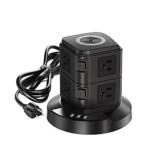 Power Strip Tower Surge Protector, Extension Tower with Wireless Charging, Vertical Charging Station with 8 Plug 3 USB Ports, for Home Office Hotel Dorm,Black