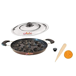 Non Stick Aluminium Appam Pan 12 Pits with Steel Lid, Two Side Handel Appam Maker with Steel Lid, Paniyaram Pan, Black and Silver