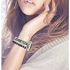 Fastgo Bracelet Band Beaded Compatible with Apple Watch 38mm 40mm 41mm 42mm 44mm 45mm 49mm Women,Fashion Elastic Stretch Strap Bands for Iwatch SE&Series 9 Ultra 8 7 6 5 4 3 2 1(Black/Sliver/Grey,S/M)