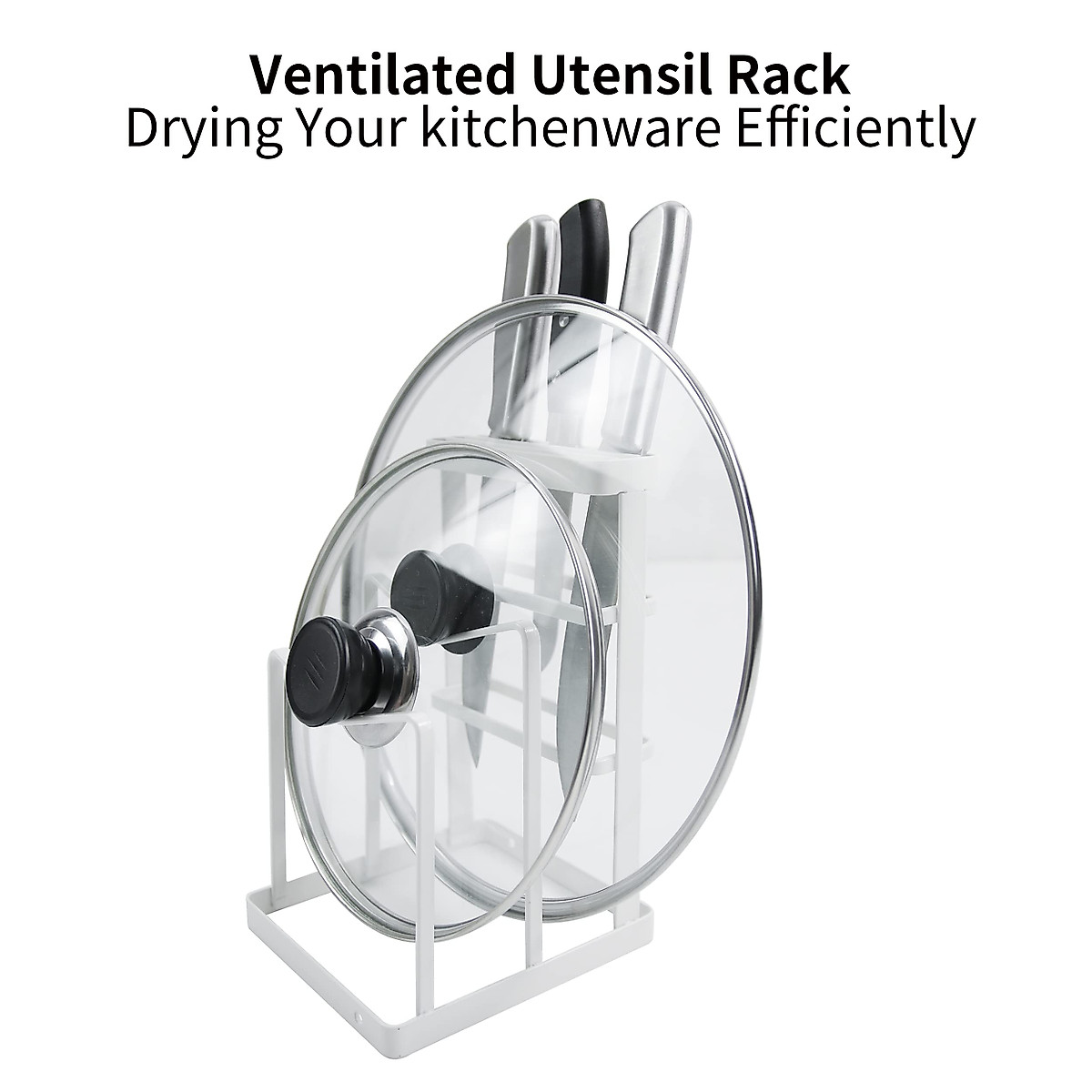 Qflushor Knife Block Holder, Pot Lid Organizer, Cutting Board Organizer, Cookware Bakeware Organizer for Kitchen Countertop, Cabinet, Pantry, Metal, White