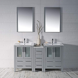 60 Inches All Wood Double Ceramic Sink Bathroom Vanity with Side Cabinet, 001 60 15 C (Double Ceramic Top, Metal Grey)